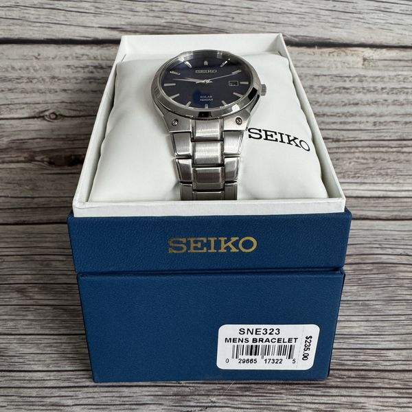 Seiko Mens SNE323 Dress Solar Blue Dial Stainless Steel Analog Quartz ...
