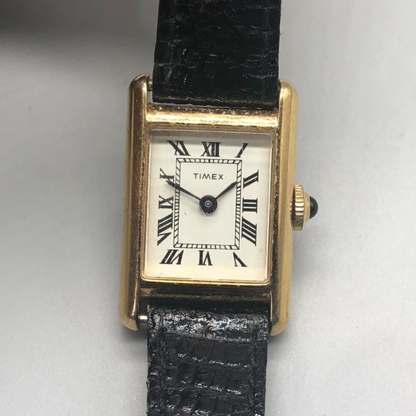Vintage Timex Tank Watch Womens Gold Tone Black Leather Hand Wind ...