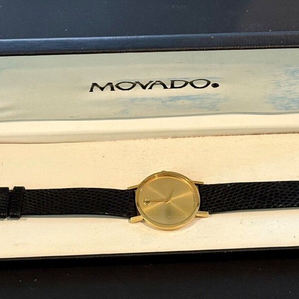 Movado vintage unisex watch gold face/dial and leather band ...