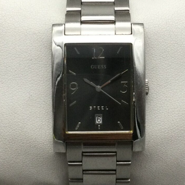 Guess Steel Tank Watch Men Silver Tone 28mm Date Black Dial New Battery ...