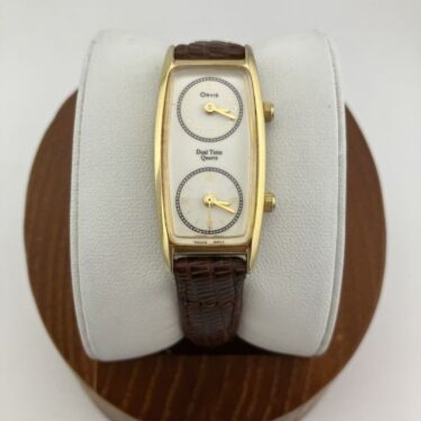Vtg Orvis Ladies 19mm watch Gold Tone Dual Time White Rectangle Dial ...