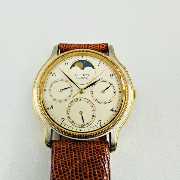 Mens Vtg 1988 Multifunction Moon Phase Watch SEIKO 7F39-6029 Seiko Band ...
