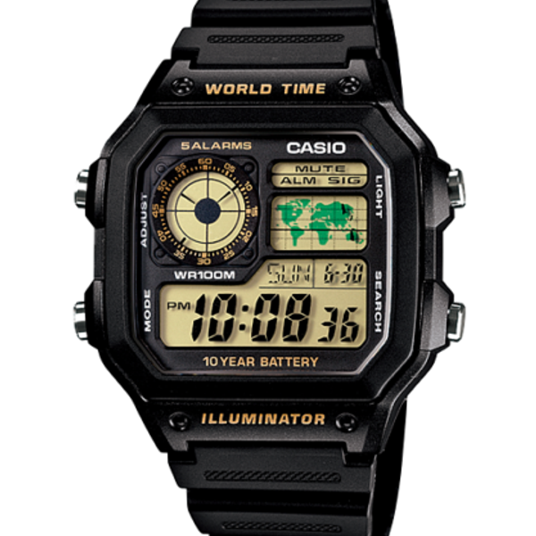 Casio AE-1200WH-1B Digital Stopwatch World Time Black Resin Mens 10 ...