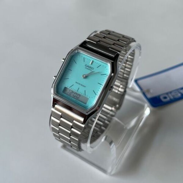 Casio Vintage Silver Turquoise Blue Analog-Digital Classic Watch AQ ...
