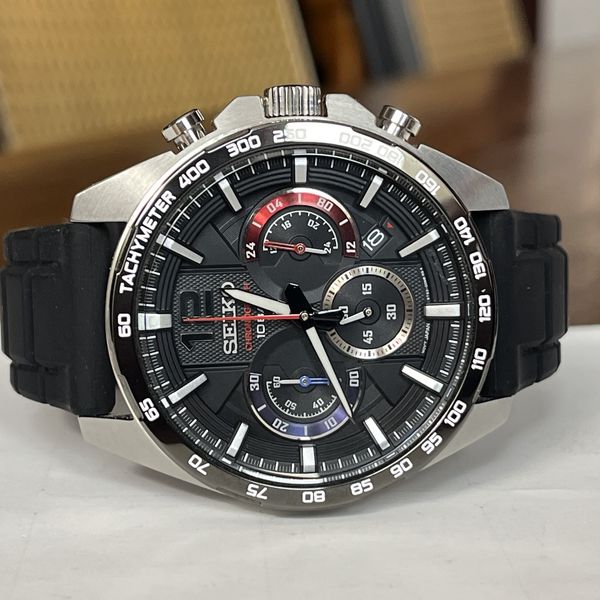 SEIKO Chronograph 44mm Stainless Steel & Black Silicone Men's Watch ...