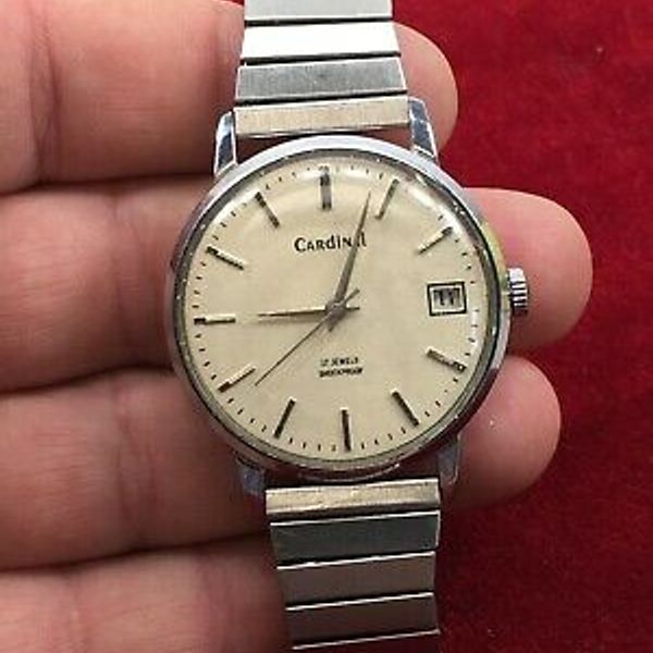 Vintage Cardinal 17 jewels shockproof wind up men watch silver tone (C ...