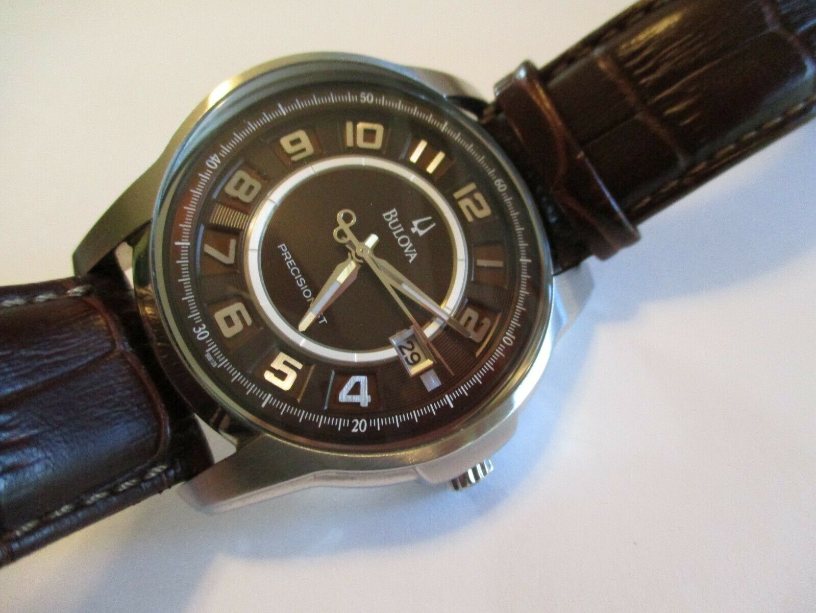 MENS BULOVA WATCH PRECISIONIST C877648 96B128 DAY W/ CLAREMONT BROWN ...