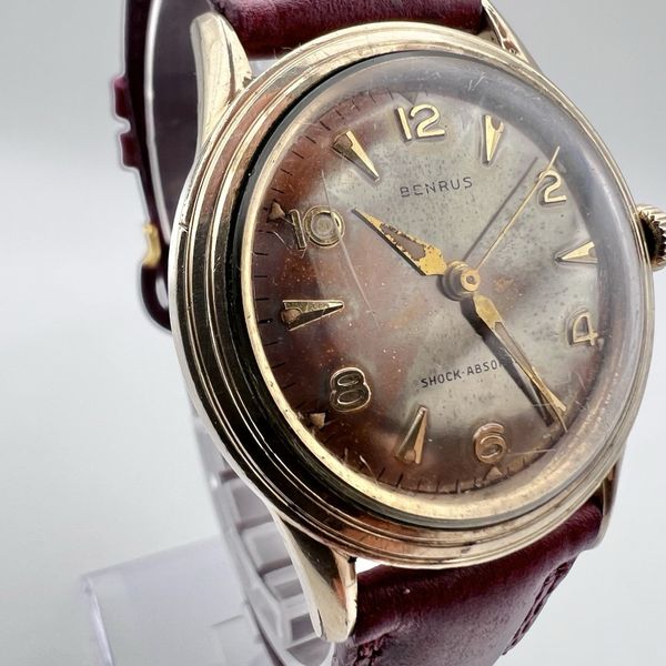 Vintage Benrus Mens Gold Tone Manual Wind Shock Absorber Rare Patina ...