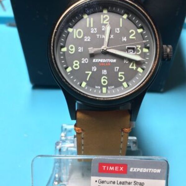 TIMEX EXPEDITION SCOUT SOLAR 40MM GUNMETAL CASE BLACK DIAL LEATHER BAND ...