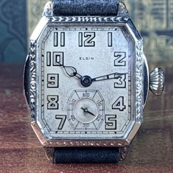 1930 ELGIN ENGRAVED X-LARGE MAN’S ANTIQUE WRIST WATCH KEEPS TIME Very ...