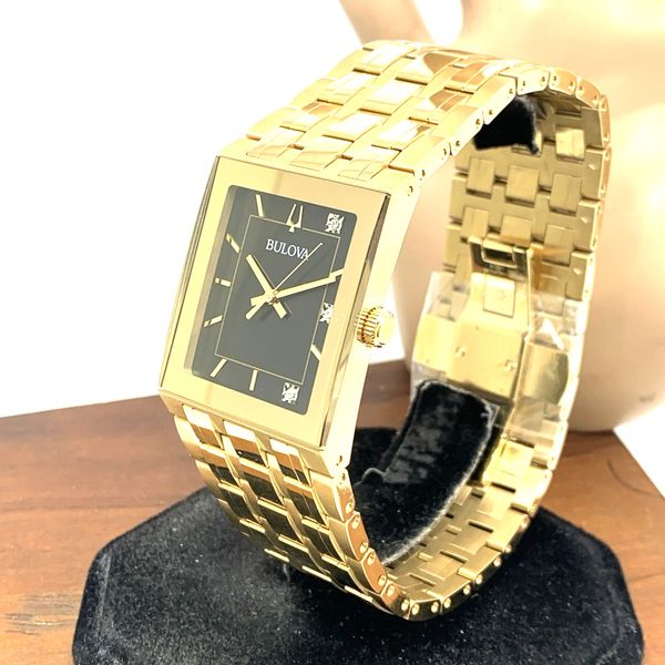Bulova Men's Watch 97D132 Quadra Quartz Diamond Black Dial Gold Steel ...