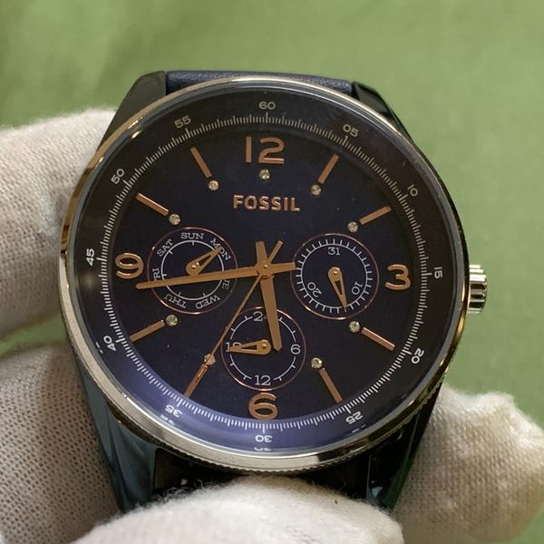 FOSSIL BQ3208 DAY-DATE Blue Dial Blue Leather Strap 5 Atm s/s Quartz ...