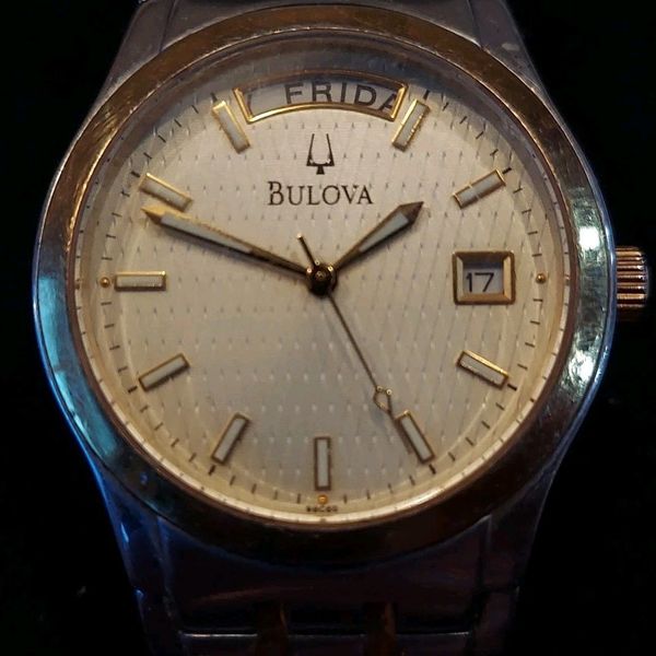 Bulova Two-Tone Steel Day-Date Champagne Dial Quartz Mens Watch 98C60 ...