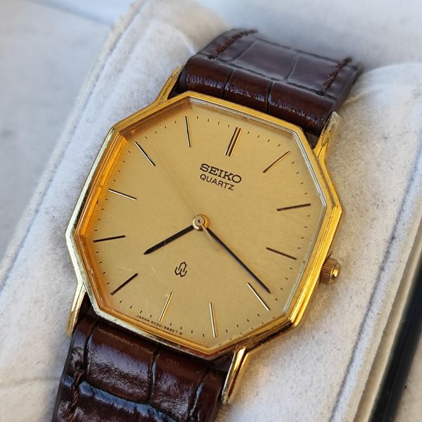 Seiko vintage dress watch octagon case gold plated quartz leather strap ...