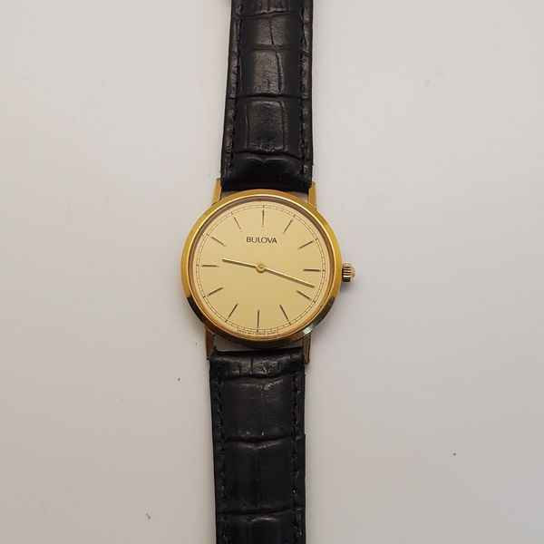 BULOVA ACCUTRON P2 QUARTZ WATCH GOLD FACE BLACK LEATHER BAND NEW ...