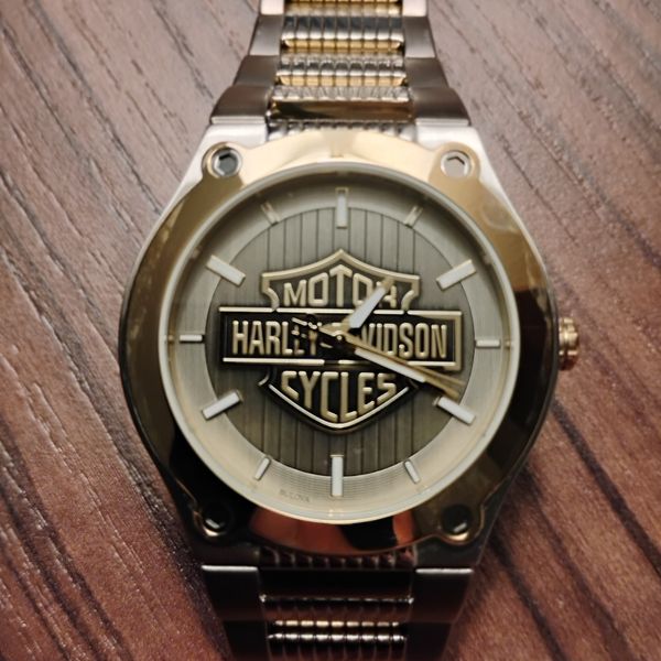 Very Classy Bulova Men's Harley Davidson Gold Faced Large Logo Watch at ...