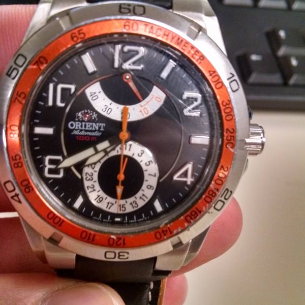 [Wts] planet orient on leather band. With orange bezel. Scratched face ...