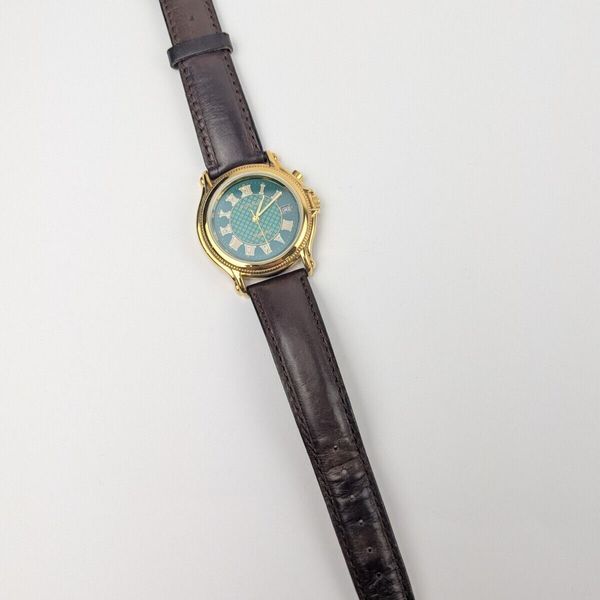 Vtg NEW OLD STOCK Fossil Starmaster Watch Gold Tone Green Dial Leather ...