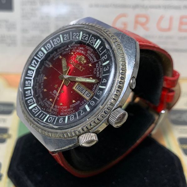 JUMBO 1990s Orient 44mm Gents 21J WORLD Time SW Day/Date Minty RED Dial ...