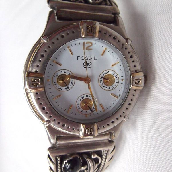 vtg FOSSIL Blue Sterling Silver Navajo Western Watch wht face onyx NO ...