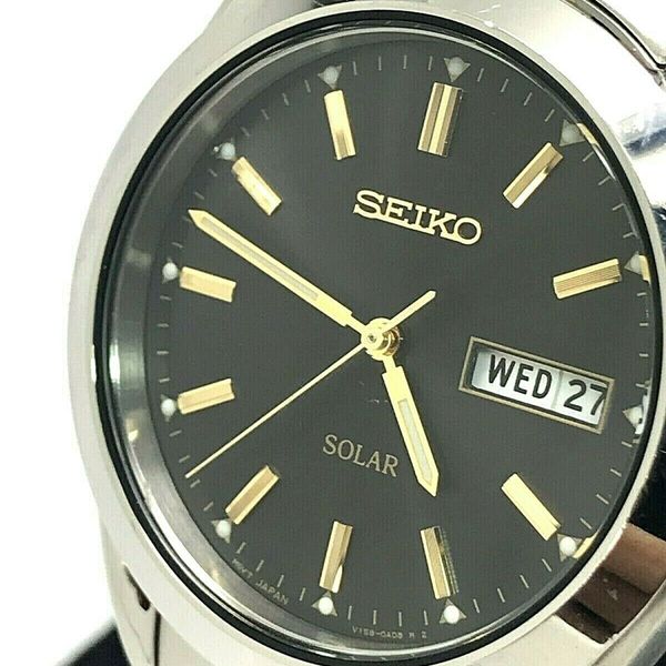 Seiko Solar SNE047 Two Tone Men's Black Dial Day Date Watch V158-0AB0 ...