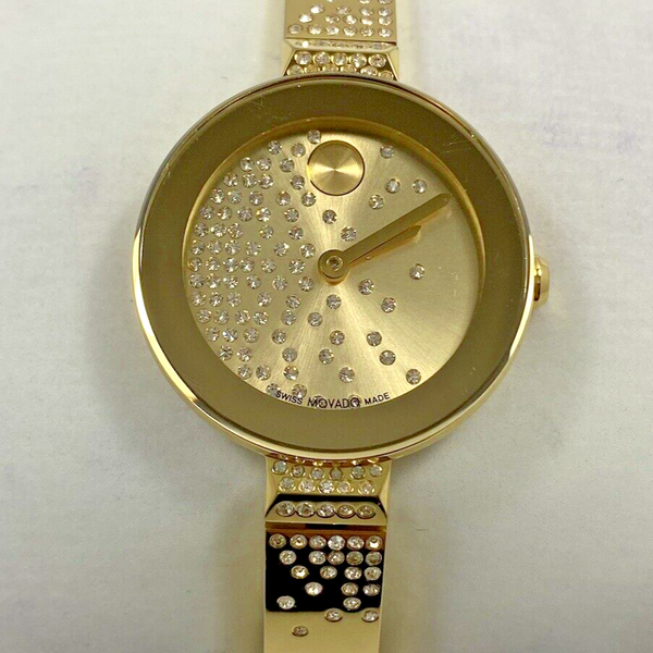 Movado Bold Bangle Crystal Quartz Gold Tone Stainless Steel Ladies ...