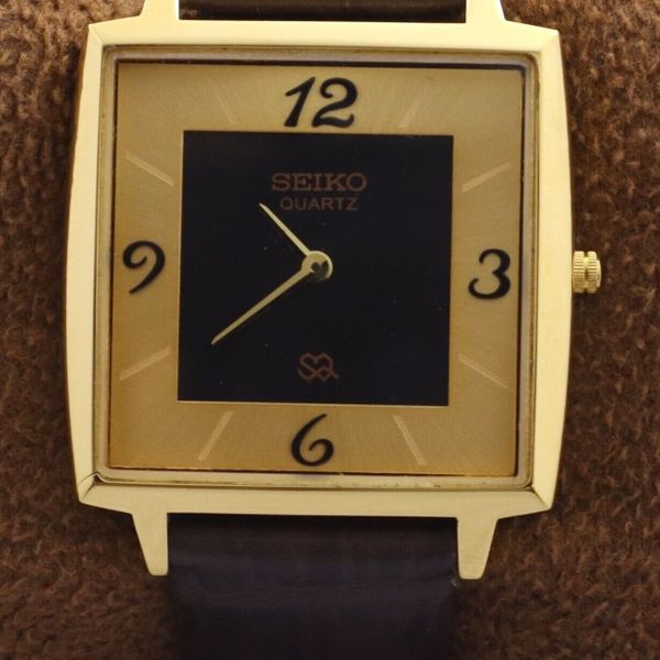 Charming SEIKO SUPER SLIM Quartz Men Rectangular Black & Gold WORKING ...