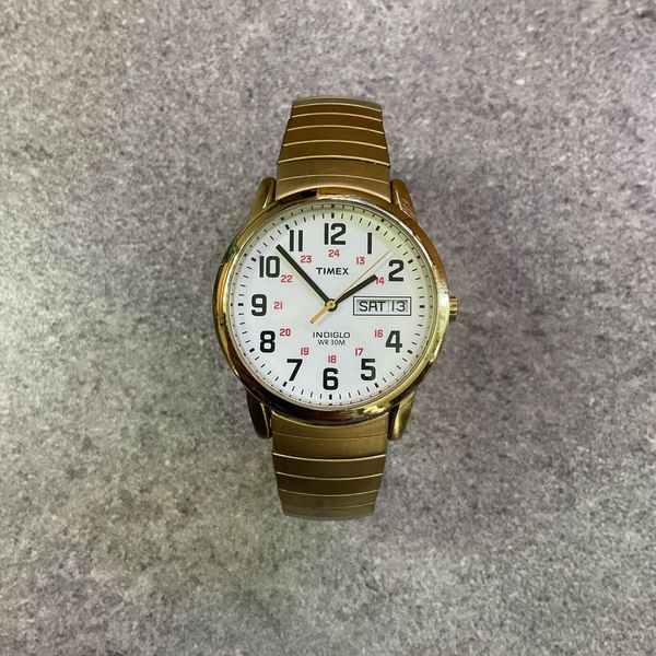 Timex Mens Watch 35mm Gold Tone Case White Military Dial With Day/Date ...