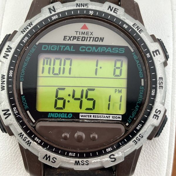 Vtg Timex Men 43mm Digital Watch Brown Compass Bezel Green Dial T77862 ...