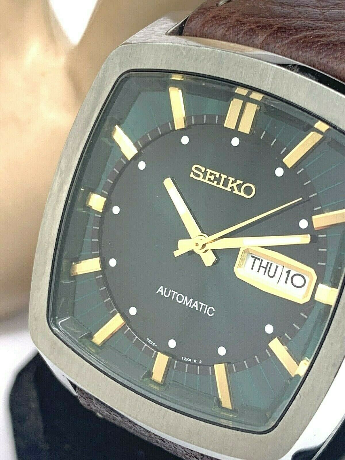 Seiko Recraft Automatic Green Dial Day Date Brown Leather Band Mens ...