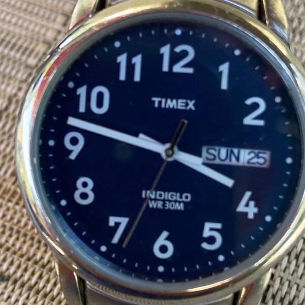 Timex Indiglo Easy Reader Day Date Wristwatch Blue Dial Stainless ...
