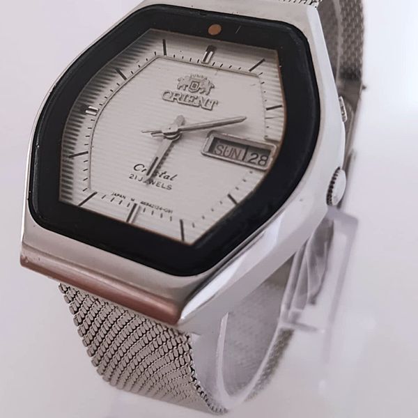 Vintage Orient Square shape silver dial Day Date men 21 jewels ...