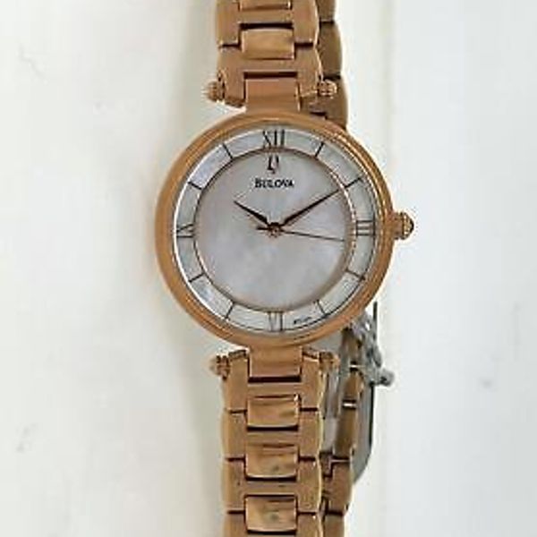 Bulova Women's Analog Round Rose Gold Tone Mother of Pearl Dress Watch ...