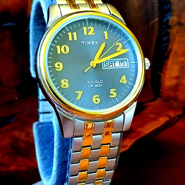 #159, Men's TIMEX INDIGLO BLUE DIAL. Day Date. 2 Tone Gold Silver New ...