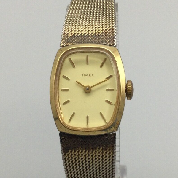 Vintage Timex Watch Women Gold Tone Rectangle Dial Mesh Band Manual ...