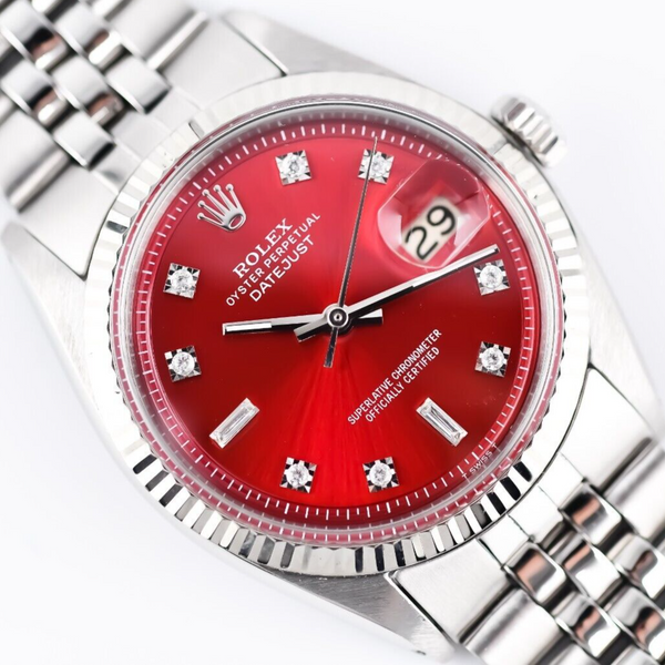 Rolex Datejust 1601 Cherry Red Baguette Diamond Dial 36mm Watch Steel ...