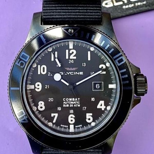 GLYCINE Combat SUB Automatic Black Dial Men's Nylon Watch Swiss Made ...