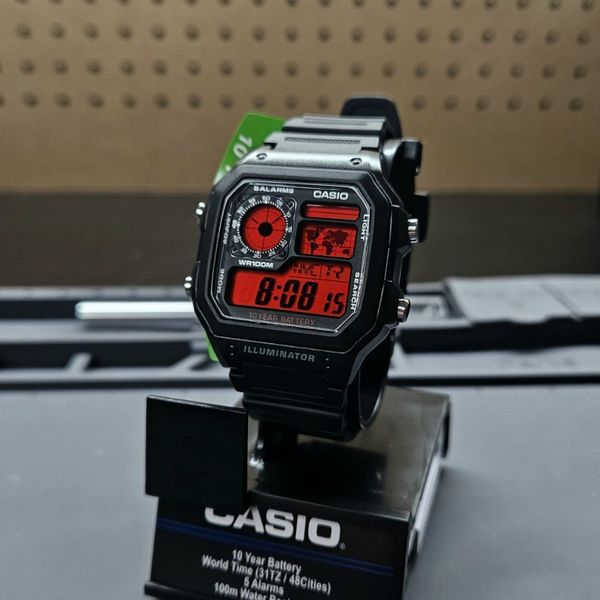 "RED ALERT" Casio World Time Illuminator Royale AE-1200 Digital ð ...