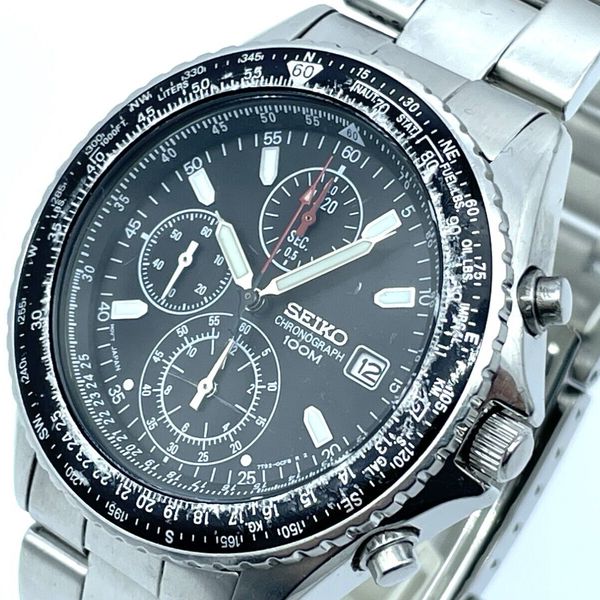 SEIKO Flight master Men's Chronograph Watch Black Dial Quartz 100mW/R ...