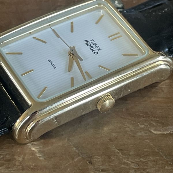 Vintage TIMEX Tank Mens 27mm Quartz Watch Gold White Dial Black Leather ...