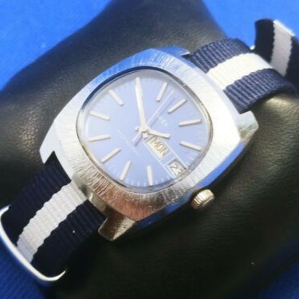 Vintage Timex TV Dial MARLIN Sunburst Silver Case BLUE DIAL MENS Watch ...