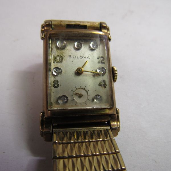 VINTAGE MANS BULOVA SQUARE FACE WRISTWATCH 10 KT. G.F. 21 JEWELS CLEAR ...