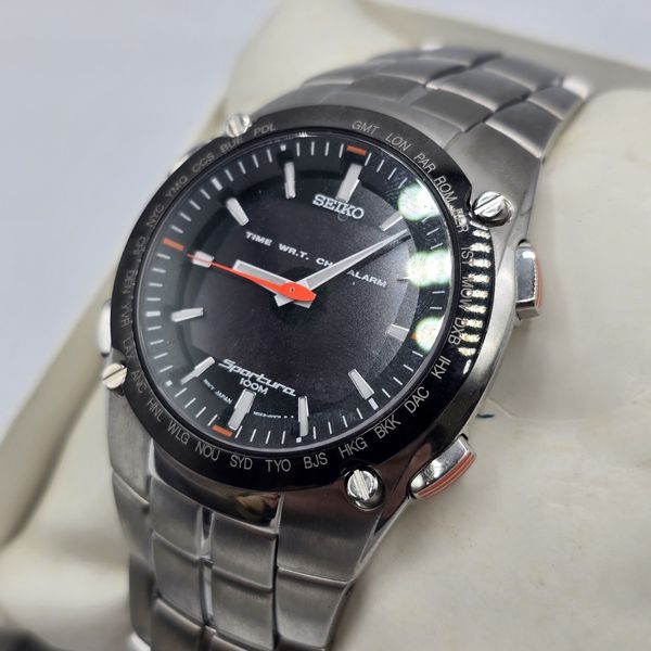 Seiko Men's SNJ005 Sportura GMT Ana-Digi Black Dial Steel. UNTESTED ...