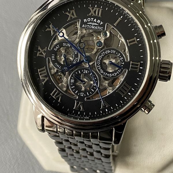 Mens Rotary Automatic 21 Jewel Skeleton Day Date Designer Watch Roman ...