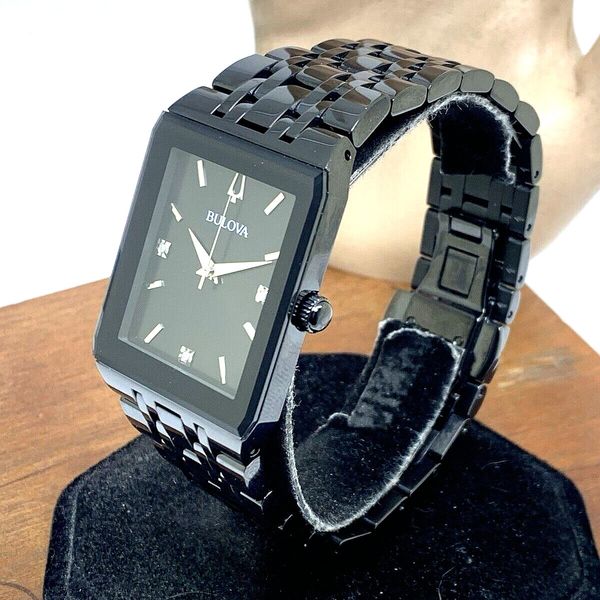 Bulova Men's Watch 98D164 Quartz Diamond Black Dial Rectangle Stainless ...