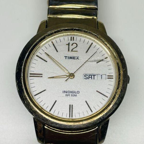 Timex Watch MenÂ 37mm Gold Tone Day Date Indiglo WR30M Stretch New Battery 7.5" | WatchCharts ...