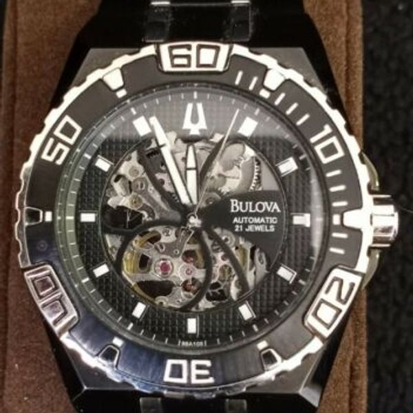 Bulova Automatic 21 Jewel Skeleton Black Watch Stainless Steel Model ...