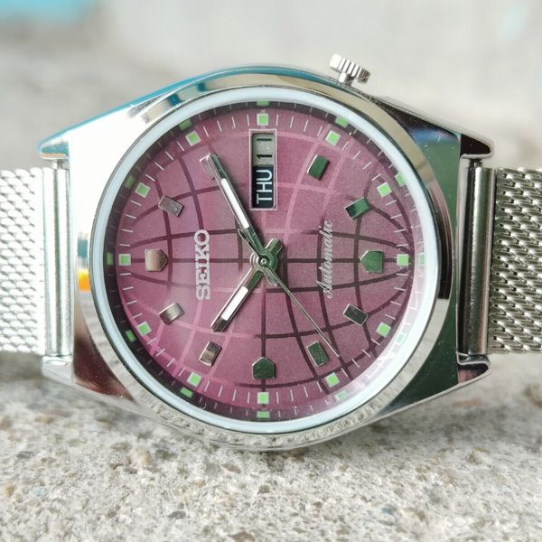 Seiko 5 Automatic men Steel Date Indicator 17 Jewels Rose Dial Watch ...