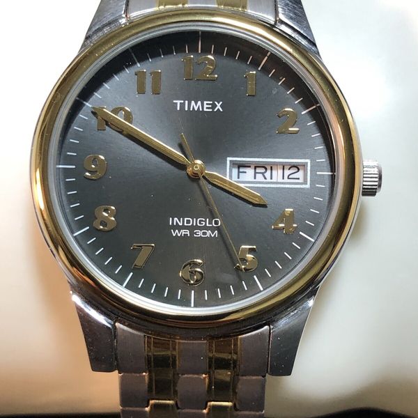 Timex Watch Men Indiglo Backlight 35mm Silver Gold Two Tone East Reader ...