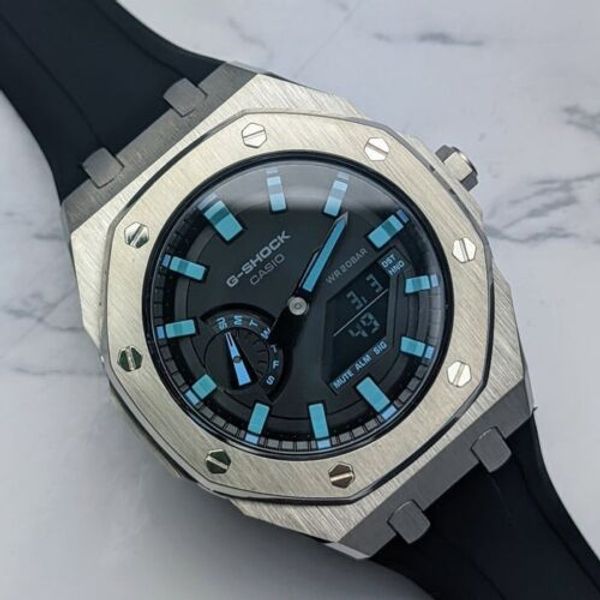 Casio G-Shock Ga-2100-1A2ER Black Cyan Style Custom Casioak Steel Mod ...